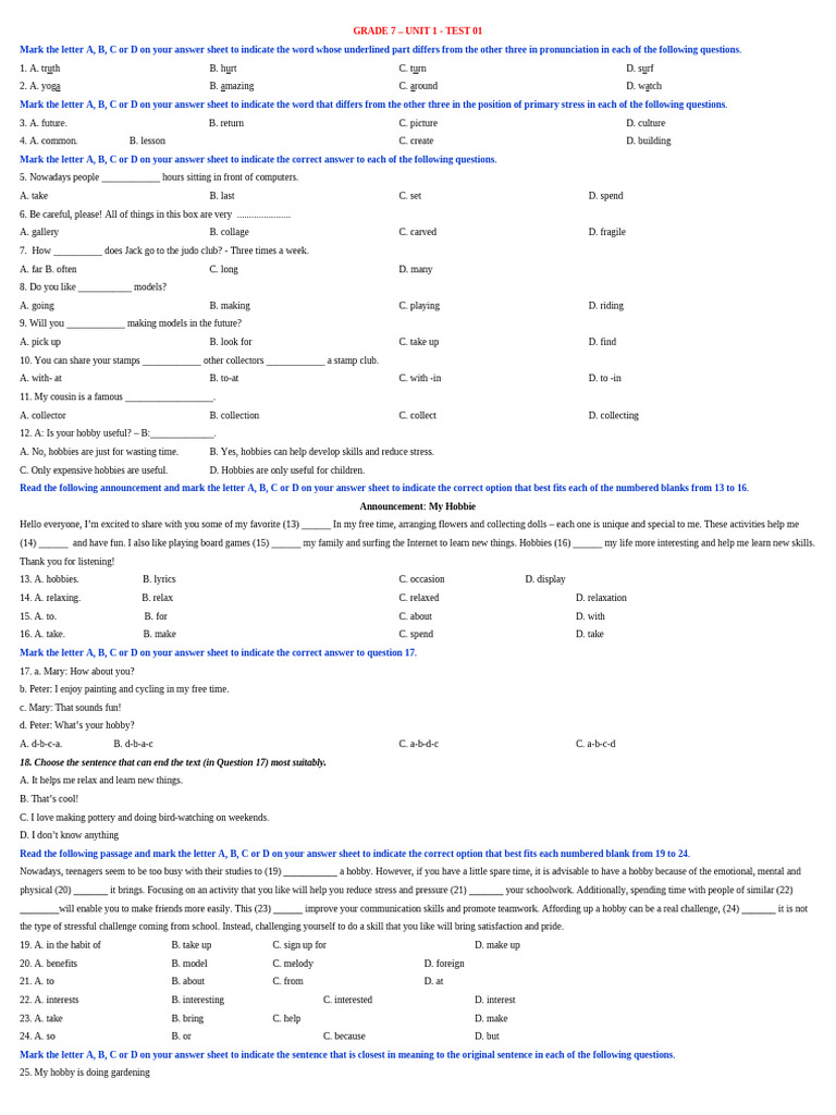 Grade 7 - Unit 1 - Test 1 | PDF | Hobbies