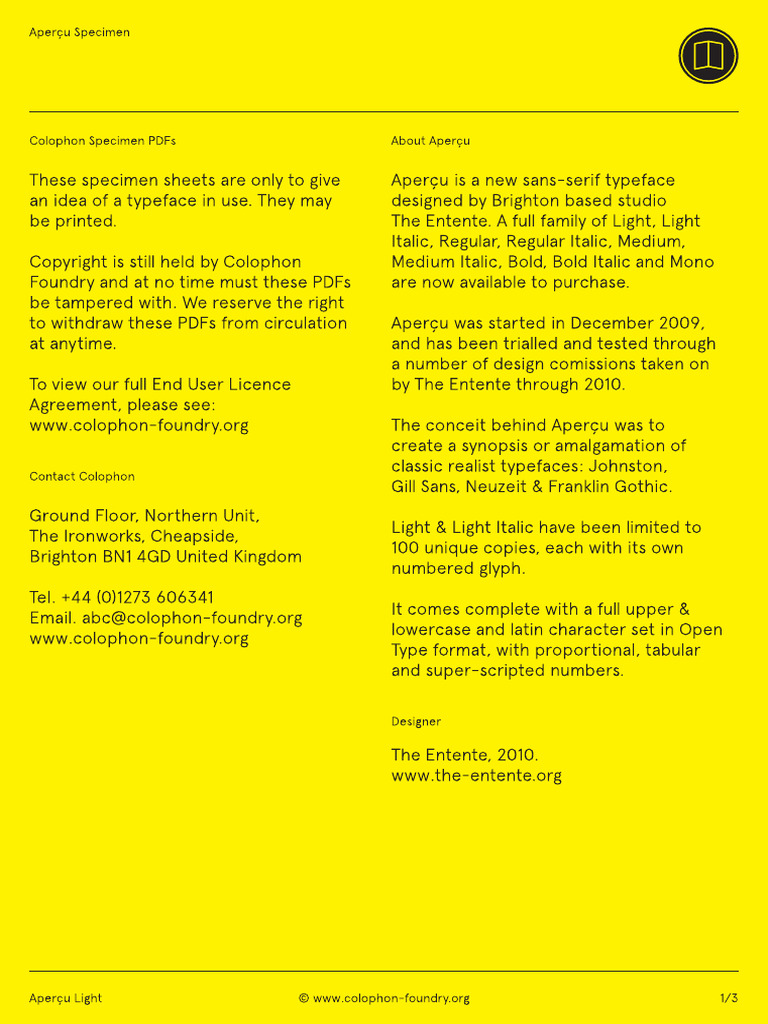 (Colophon) Aperçu Family Typeface Documentation | PDF