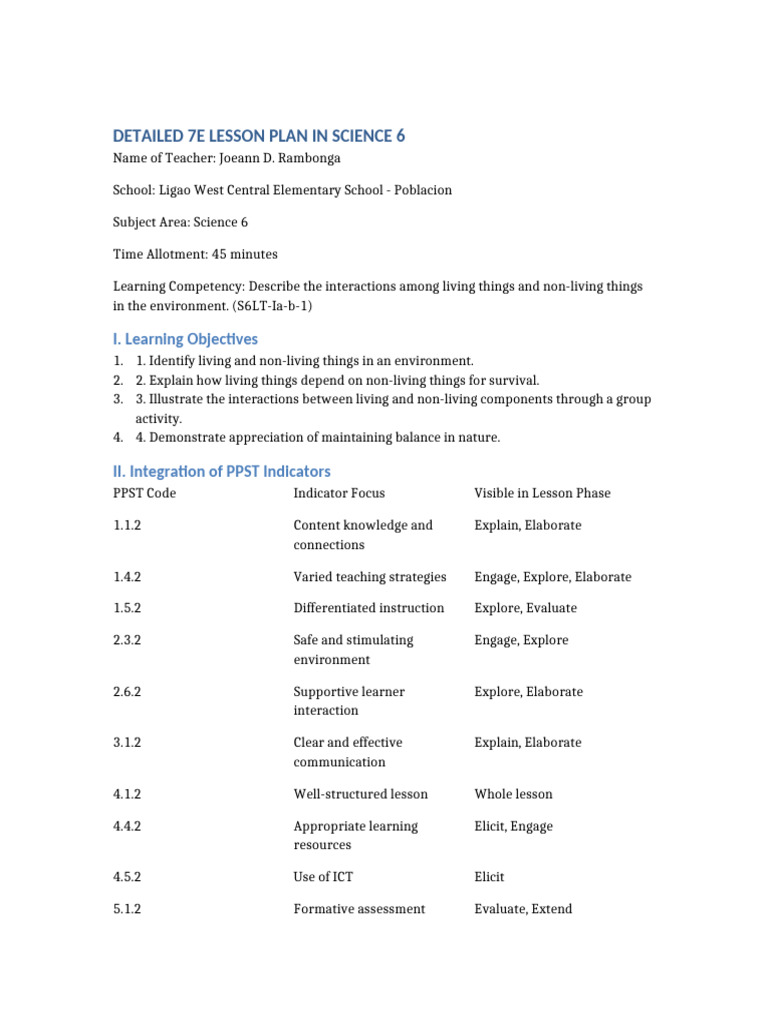 Science6 7E LessonPlan JoeannRambonga | PDF | Learning | Cognitive Science