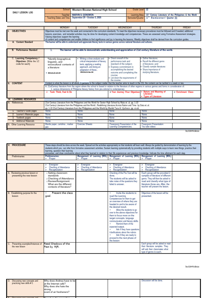 Daily Lesson Log: 21st Century Literature | PDF | Curriculum | Learning