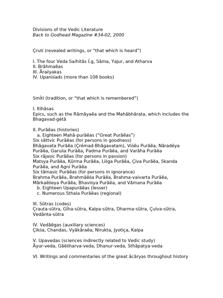 Divisions of The Vedic Literature | PDF