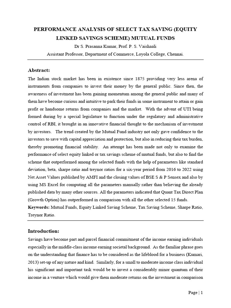 Performance Analysis of Selected Equity Linked Savings Scheme of Mutual ...