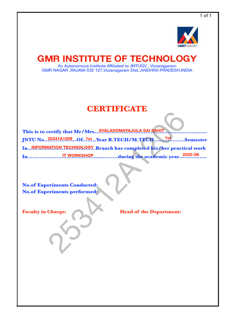 Gmrit Certificate | PDF