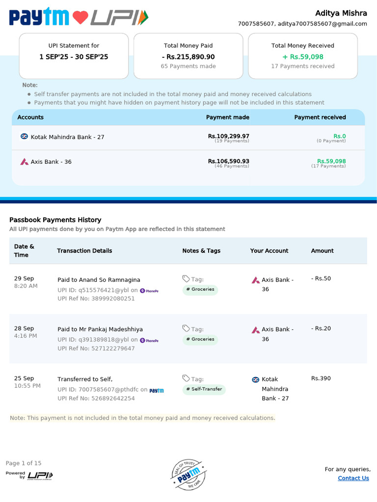 Paytm UPI Statement September 2025 | PDF | Banks | Companies