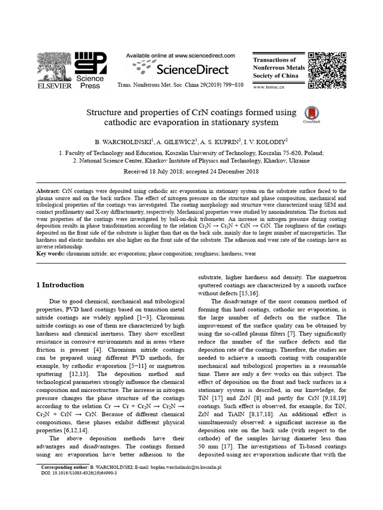 Structure and Properties of CRN Coatings Formed Using Cathodic Arc ...