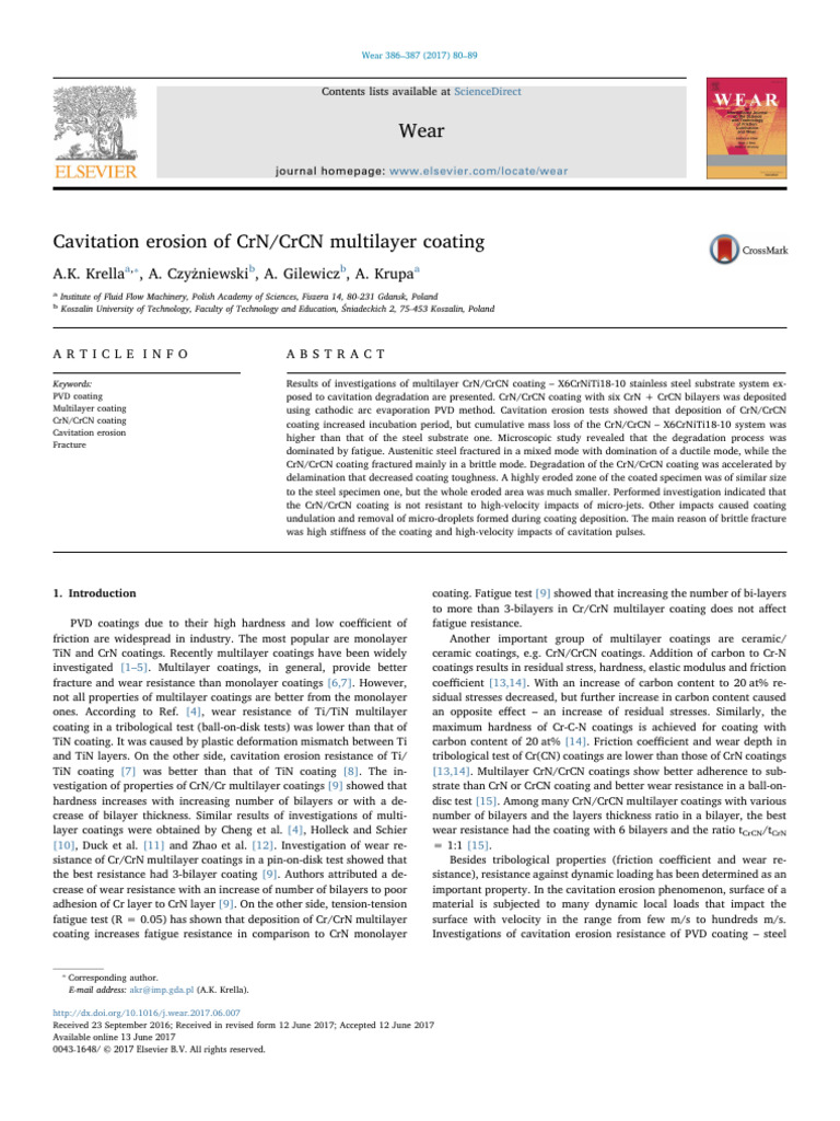 CrN/CrCN Coating Cavitation Erosion Study | PDF | Fracture | Wear