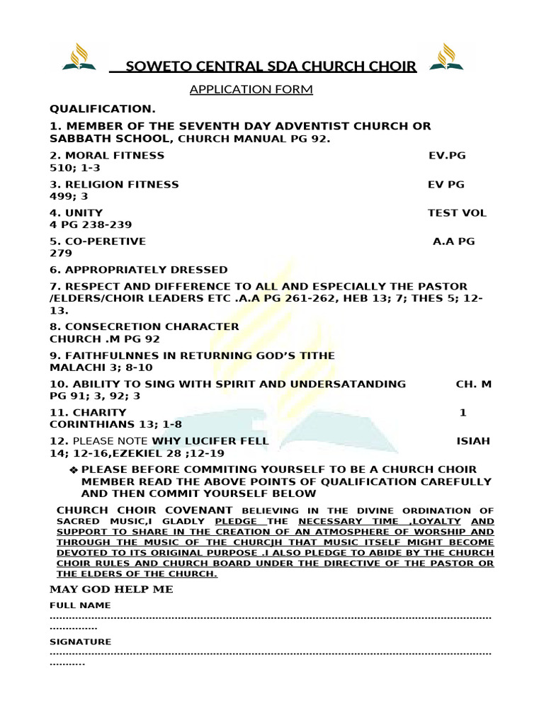 Soweto SDA Church Choir Application Form | PDF