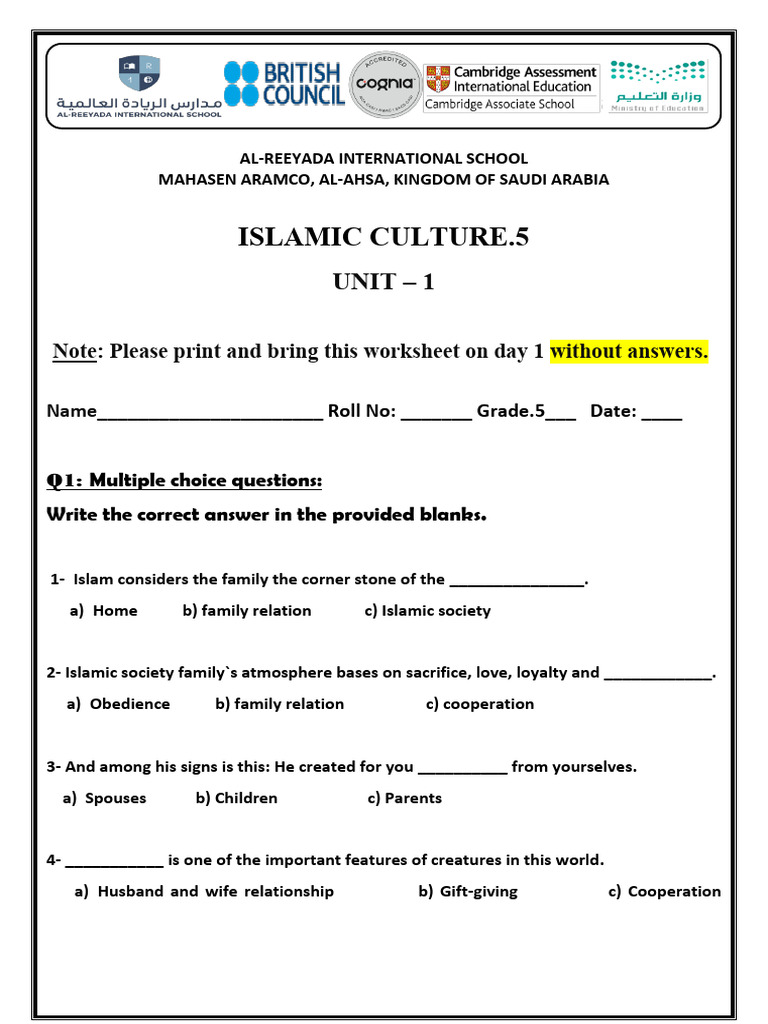 Islamic Culture Worksheet for Grade 5 | PDF | Religious Faiths ...