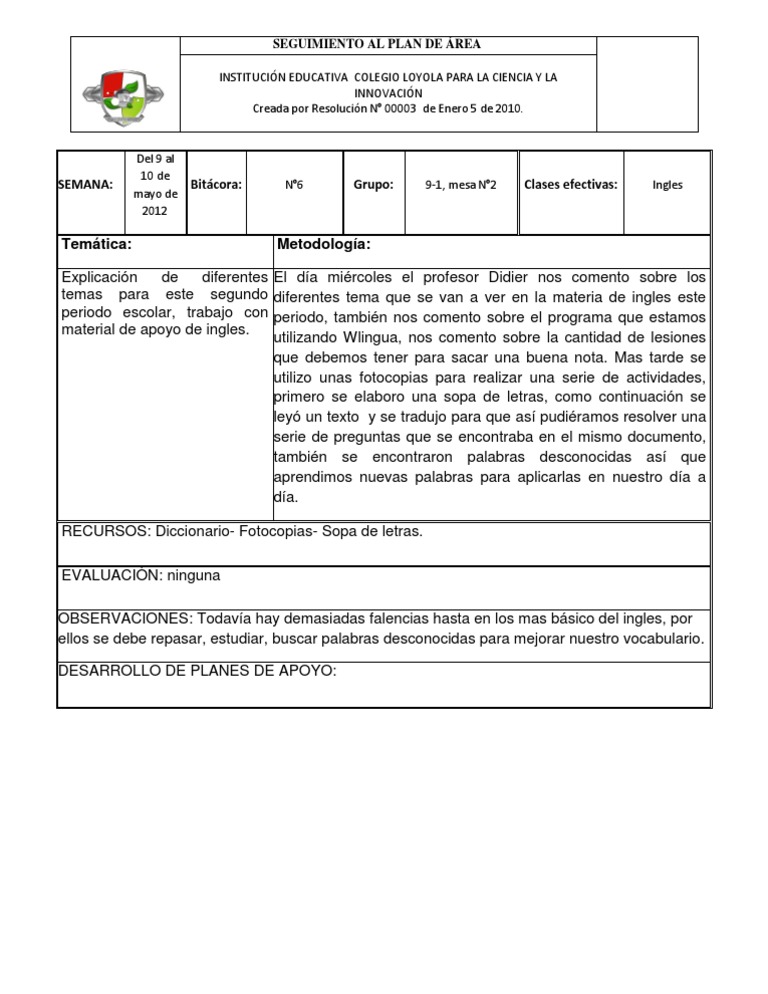 Bitacora de Ingles N°6 | PDF