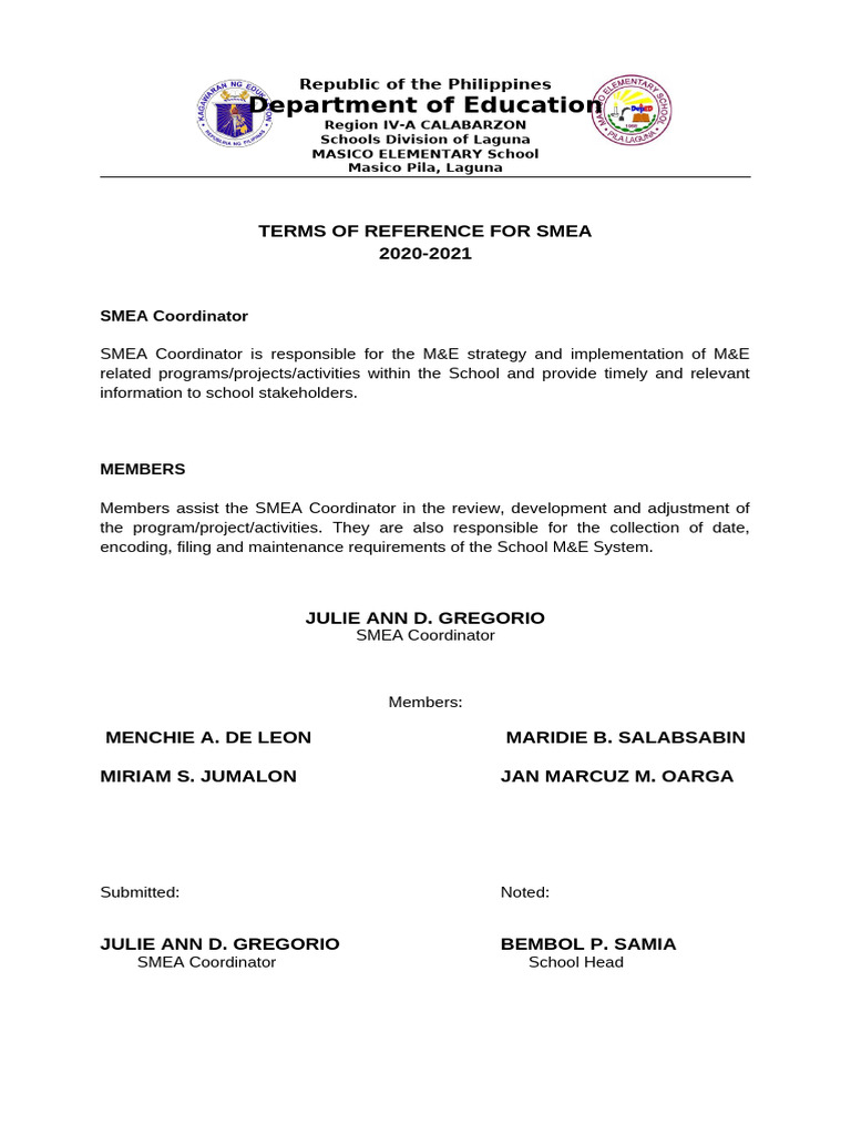 Terms of Reference For Smea 2020-2021 | PDF