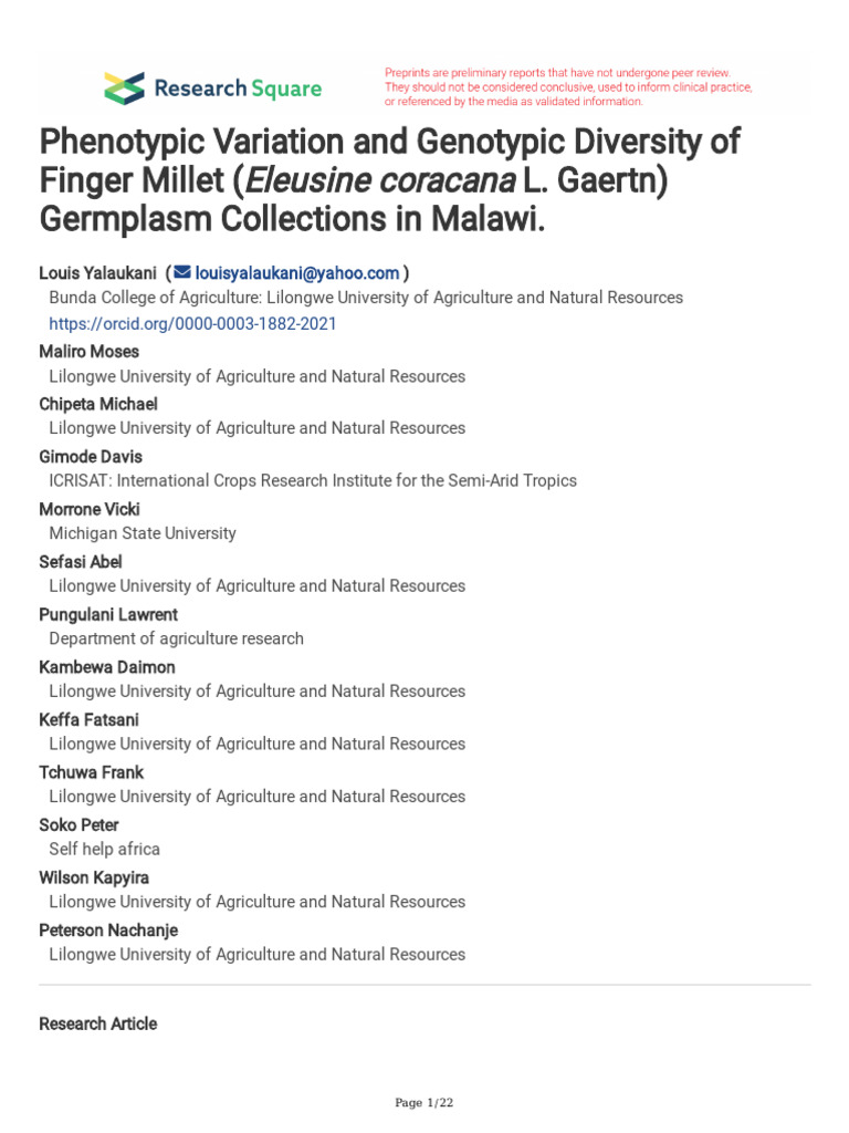 Phenotypic Variation and Genotypic Diversity of Finger Millet | PDF ...