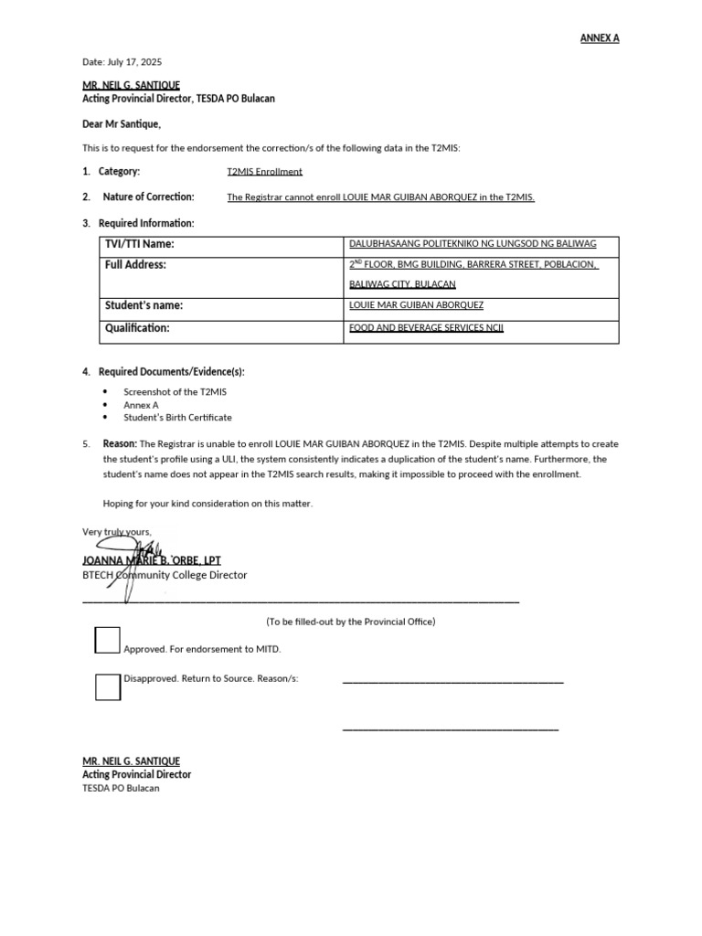 To TESDA - Request For T2MIS Enrollment | PDF