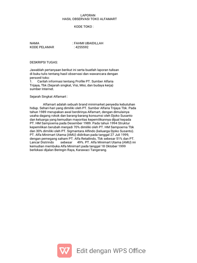 Tugas Laporan Observasi Toko Alfamart Fahmi Ubaidillah | PDF