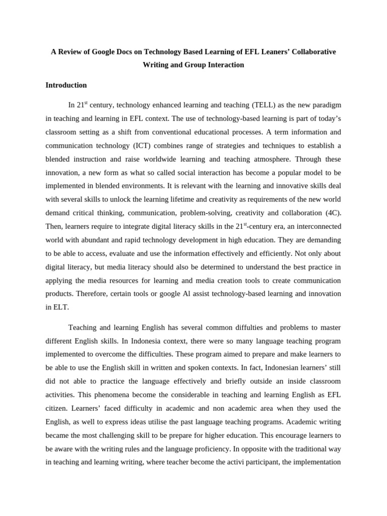 A Review of Google Docs On Technology Based Learning of EFL Leaners ...