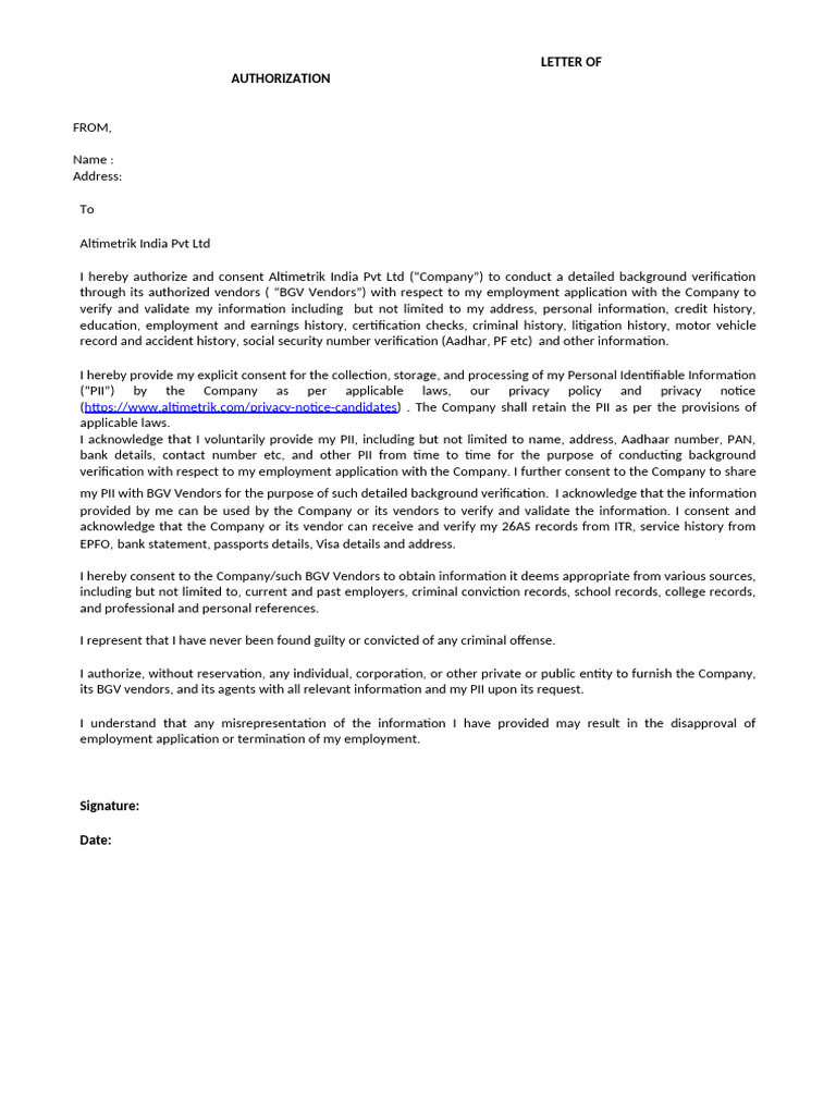 Background Verification Authorization Letter | PDF | Criminal Record ...