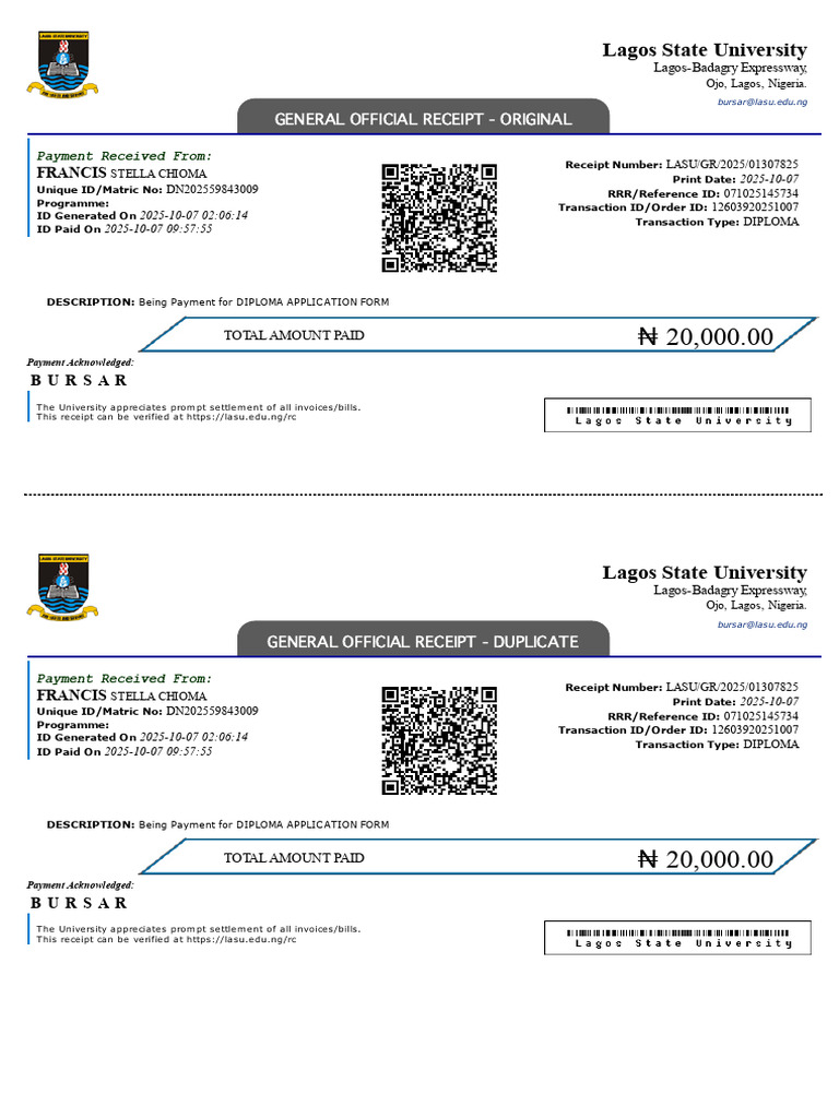 Receipt For Francis Stella - Payment For Diploma Application Form | PDF ...