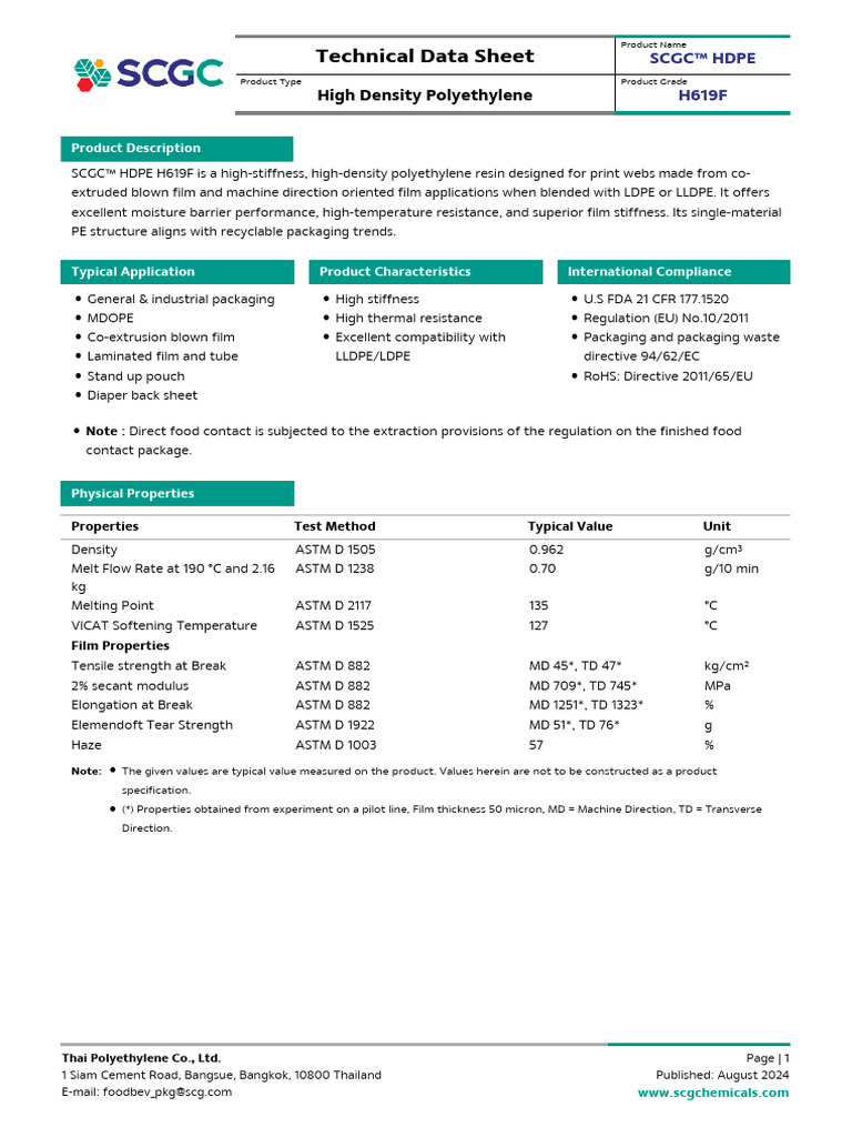SCGC™ HDPE H619F Technical Data Sheet | PDF | Materials