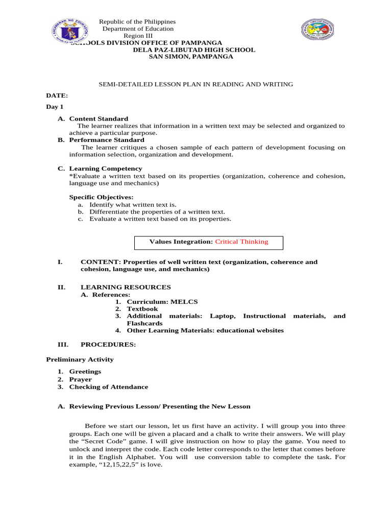 Reading and Writing Lesson Plan Week 2 | PDF | Writing | Acronym