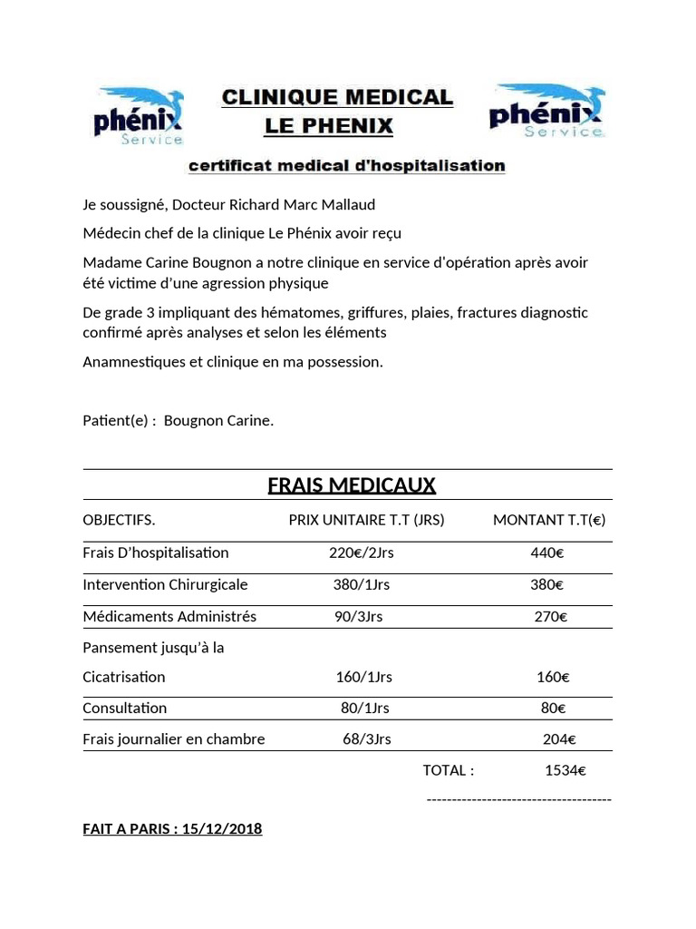 Rapport médical et frais d'hospitalisation | PDF