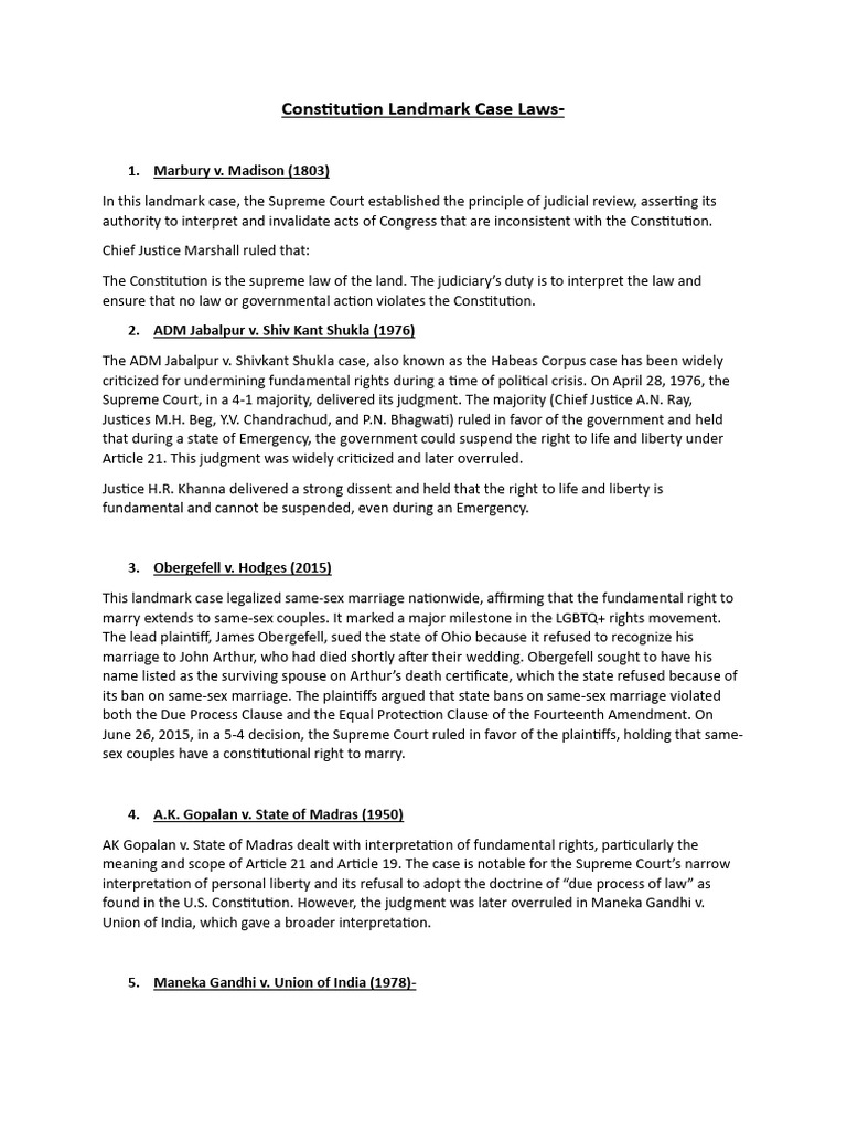 Landmark Supreme Court Case Summaries | PDF | Public Law ...