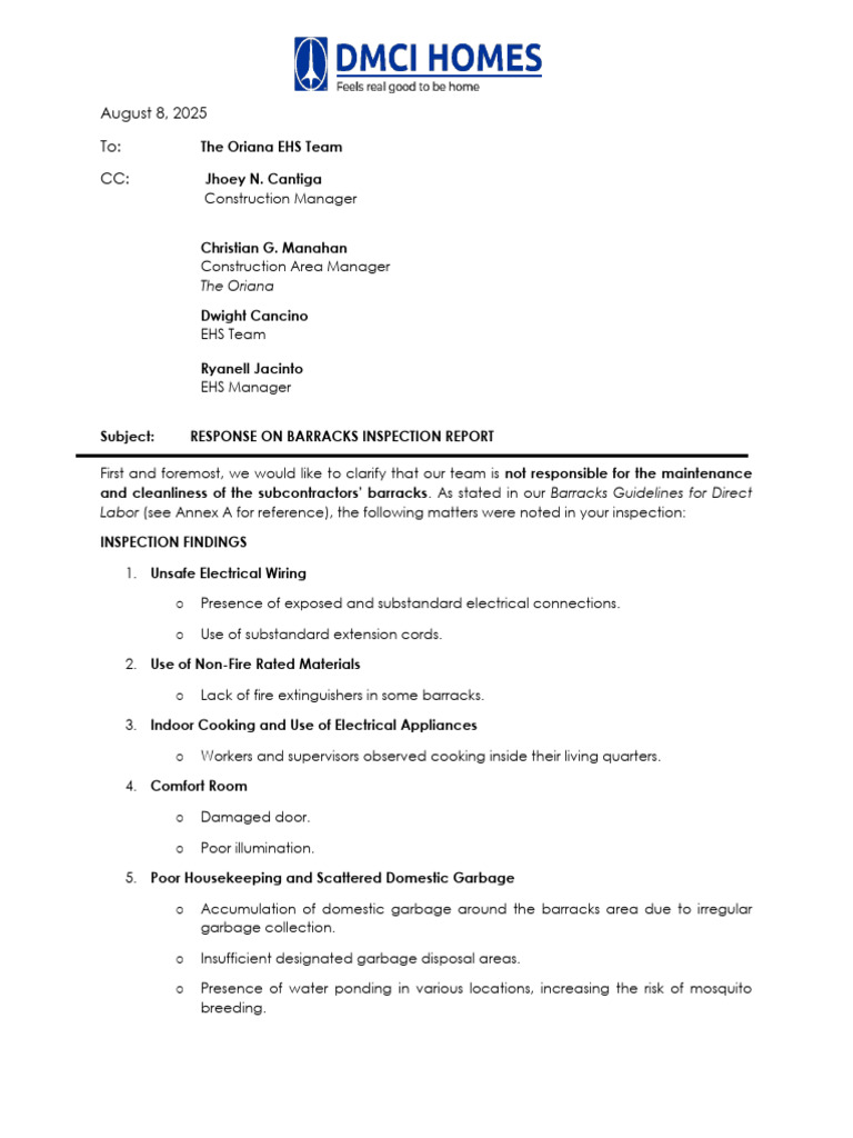 Barracks Inspection Findings and Responsibilities | PDF | Occupational ...
