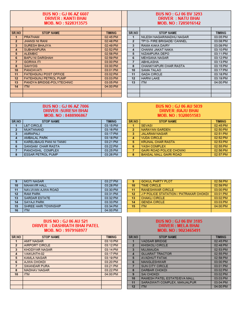 Bus Schedule and Driver Details | PDF