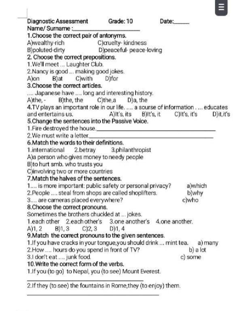 10th Grade Diagnostic Assessment Test | PDF