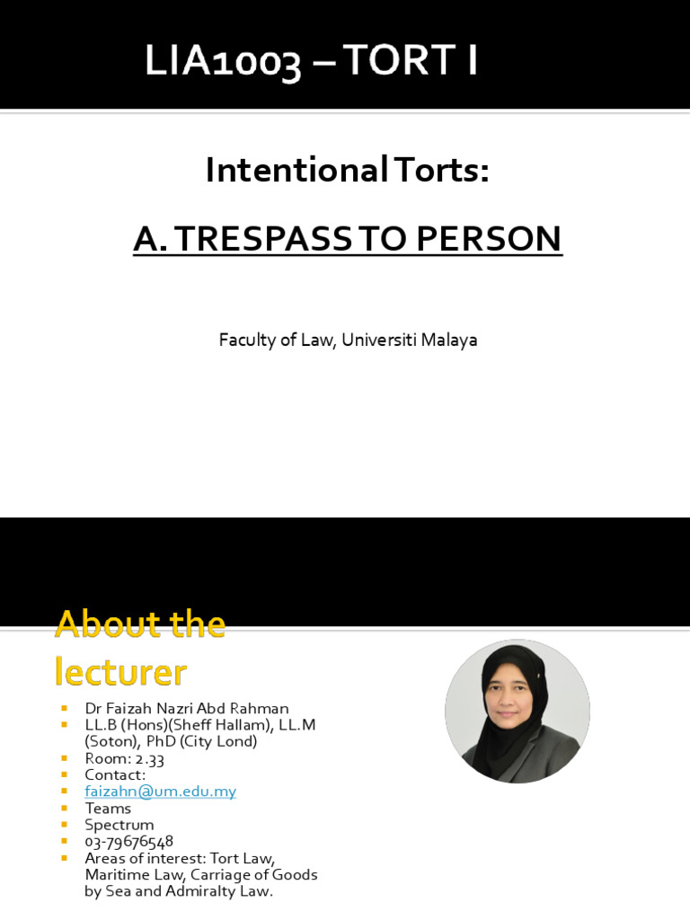 Lecture On TRESPASS TO PERSON Part 1 | PDF | Trespass | Tort