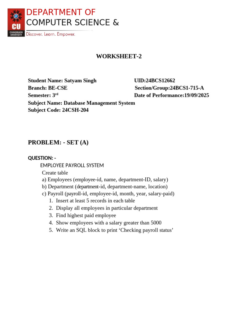 Employee Payroll System SQL Worksheet | PDF | Databases | Sql