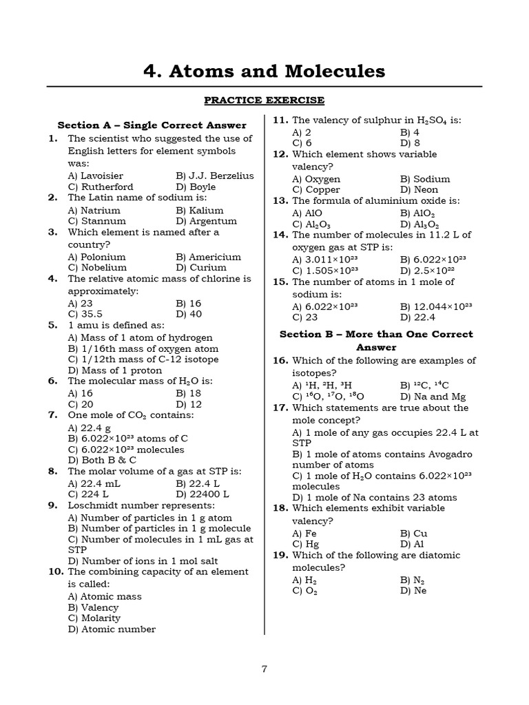 Class 9 - Chemistry - 4. Atoms and Molecules - Practice Exercise (7-8) | PDF | Mole (Unit ...
