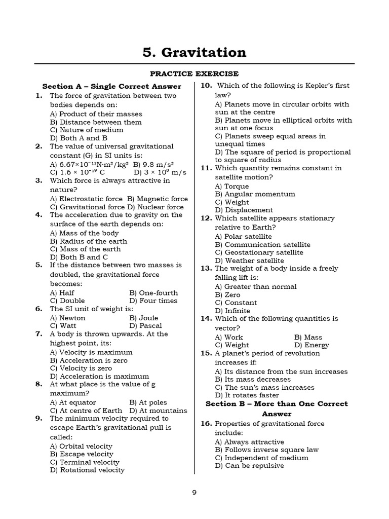 Class 9 - Physics - 5. Gravitation - Practice Exercise (9-10) | PDF | Force | Gravity