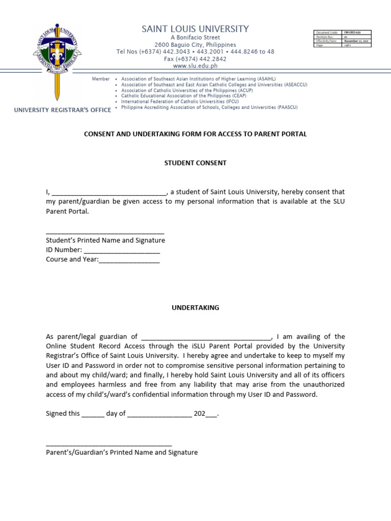 FM Uro 020 Consent and Undertaking Form For Access To Parent Portal 2 | PDF | Privacy | Security ...