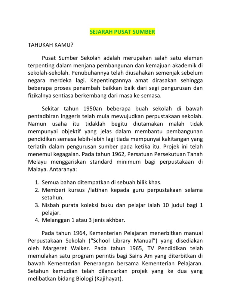 Sejarah Pusat Sumber | PDF