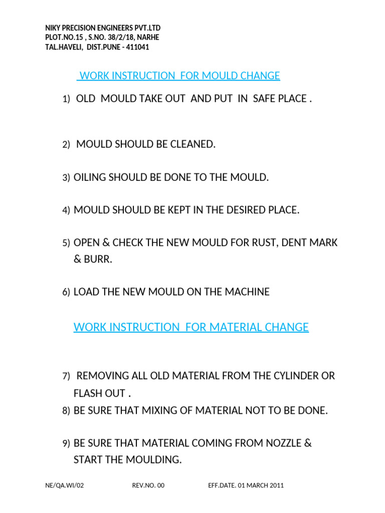 Work Instruction For Mould Chang & Material Chang Sop | PDF