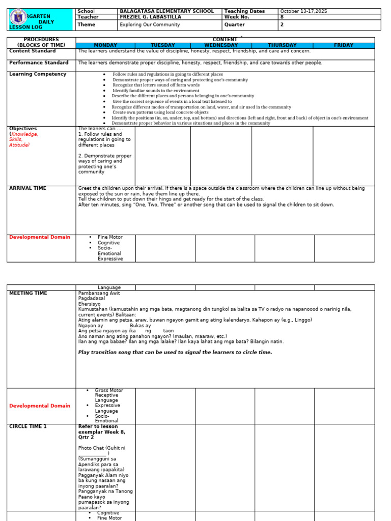 Kindergarten DLL Template - Sample | PDF