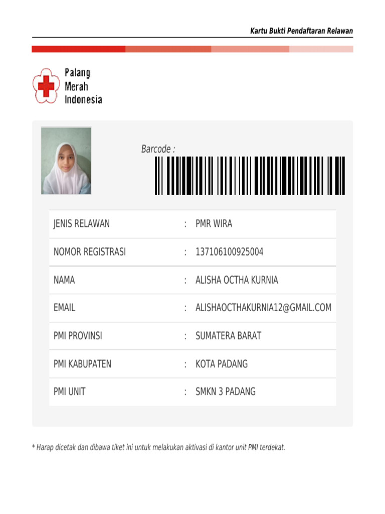 Kartu Pendaftaran Relawan PMI Sumbar | PDF