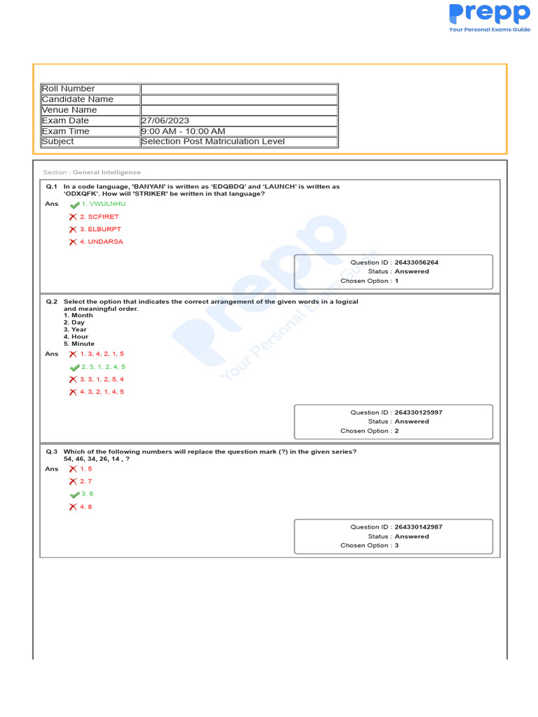 SSC Selection Post Matric Level Official Paper Held On 27 June 2023 ...