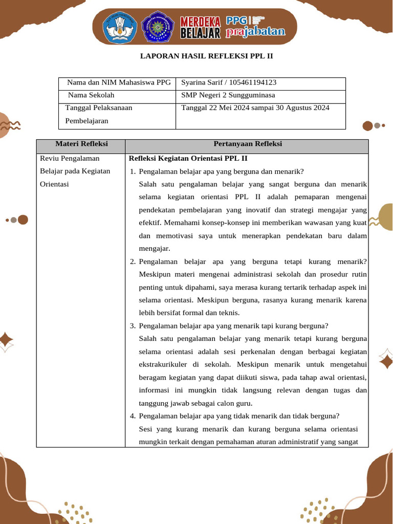 01.05.6-B5-3 Unggah LK 6 - Laporan Hasil Refleksi PPL II | PDF
