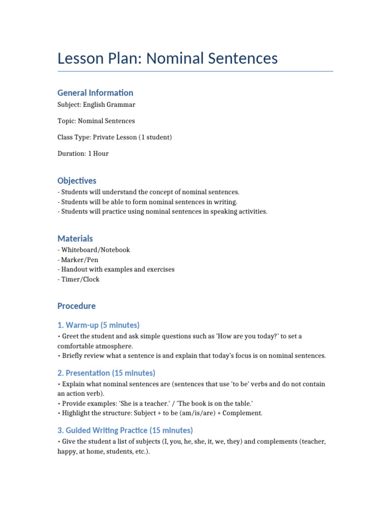 Nominal Sentences Lesson Plan | PDF