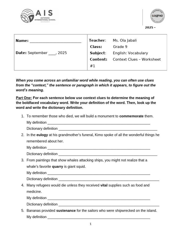 Grade 9 Vocabulary Context Clues Worksheet | PDF