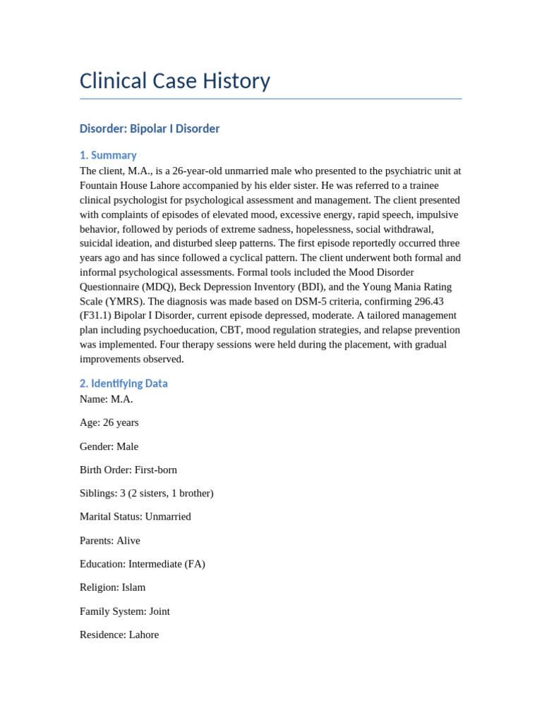 Bipolar I Disorder Case Study Analysis | PDF | Mood Disorders | Major ...