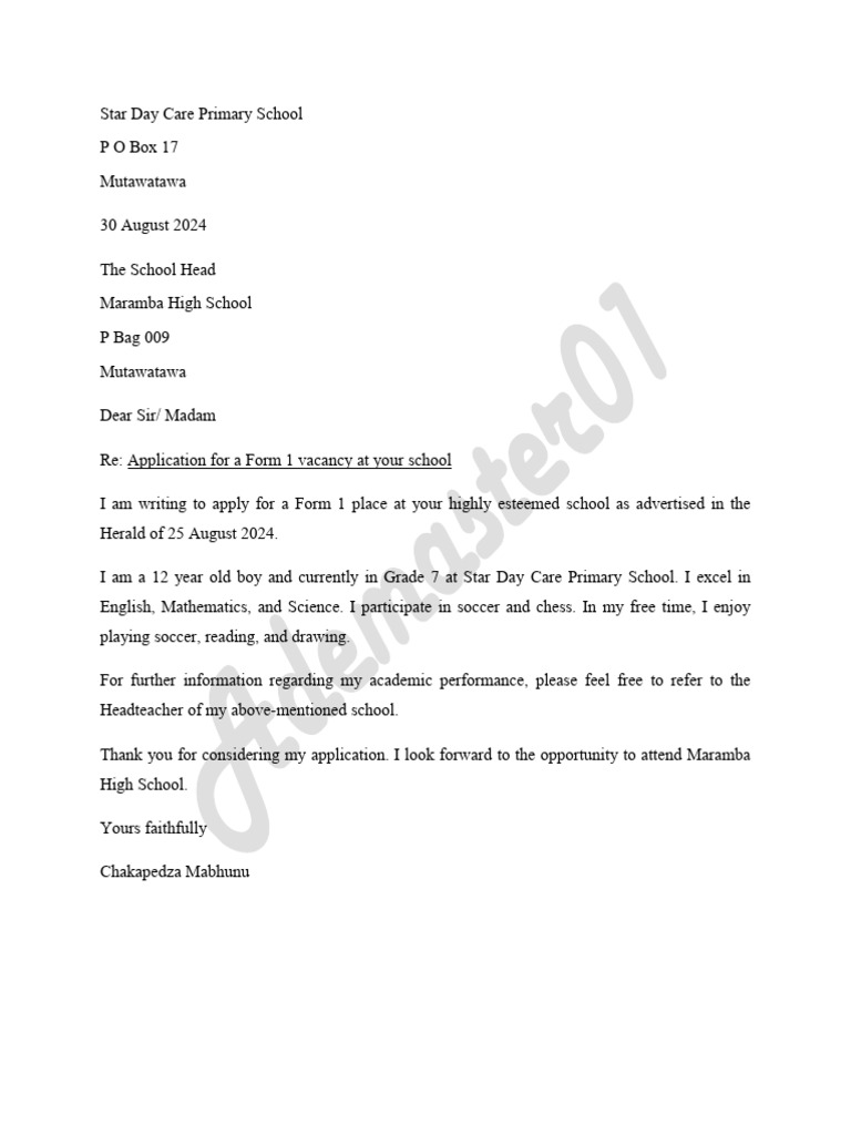 Application For A Form 1 Vacancy | PDF