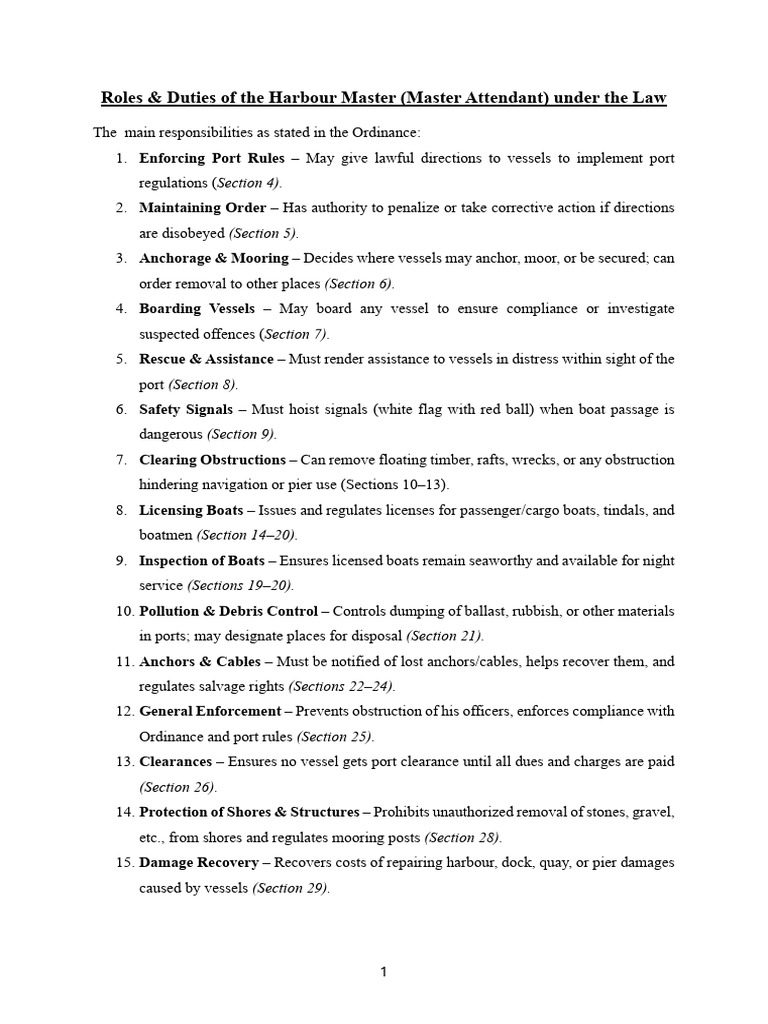 Roles & Duties of The Harbour Master (Master Attendant) Under The Law | PDF