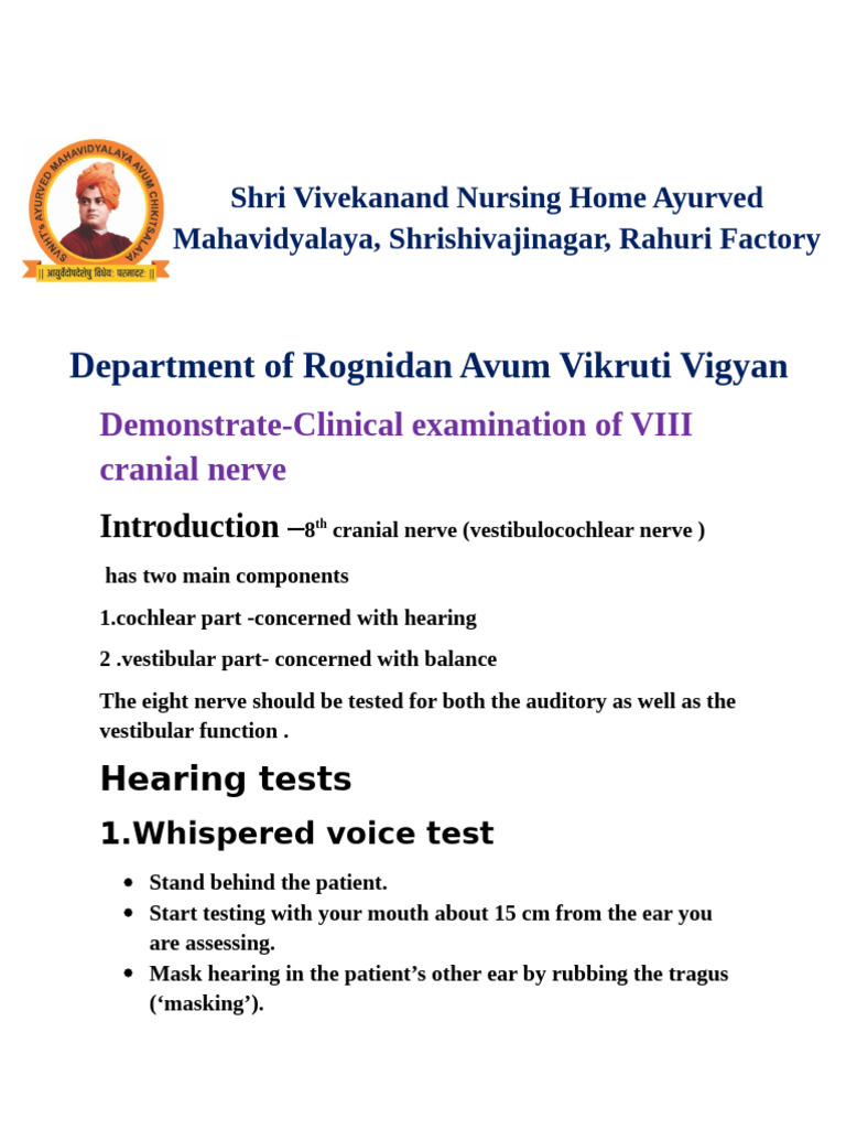 Clinical Examination of 8th Cranial Nerve | PDF | Ear | Sound