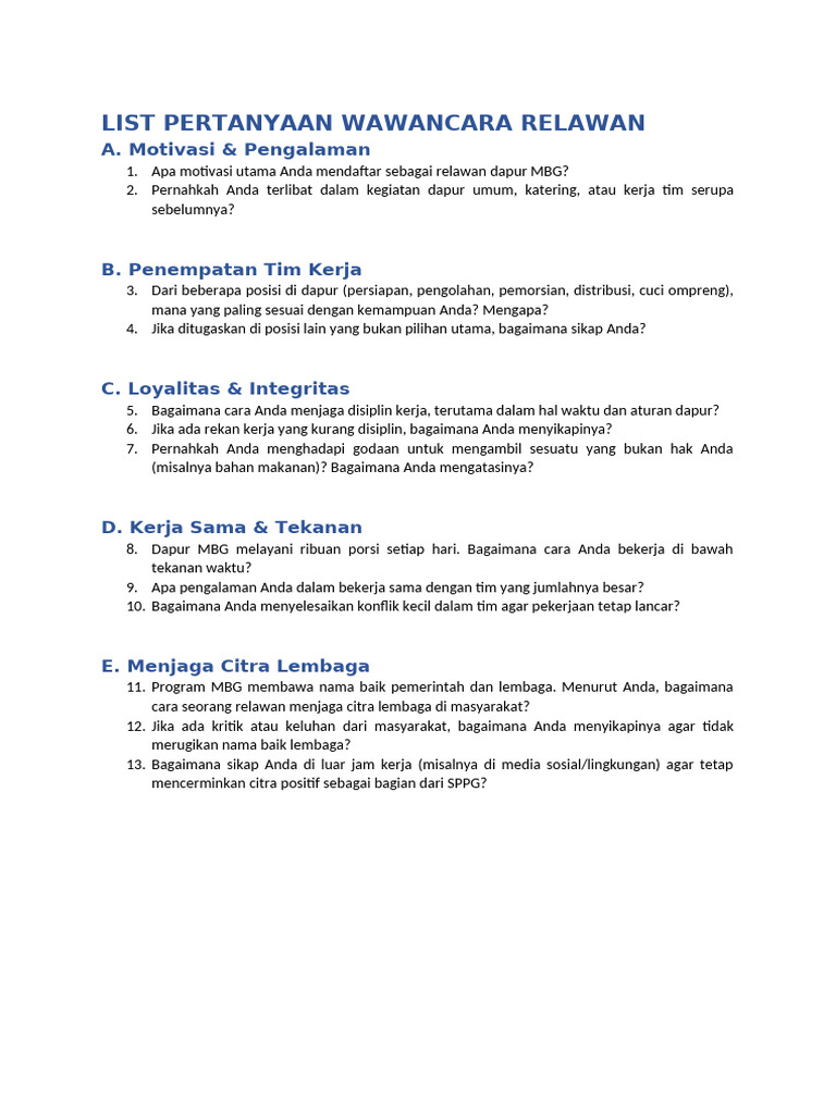 Pertanyaan Wawancara Relawan MBG | PDF