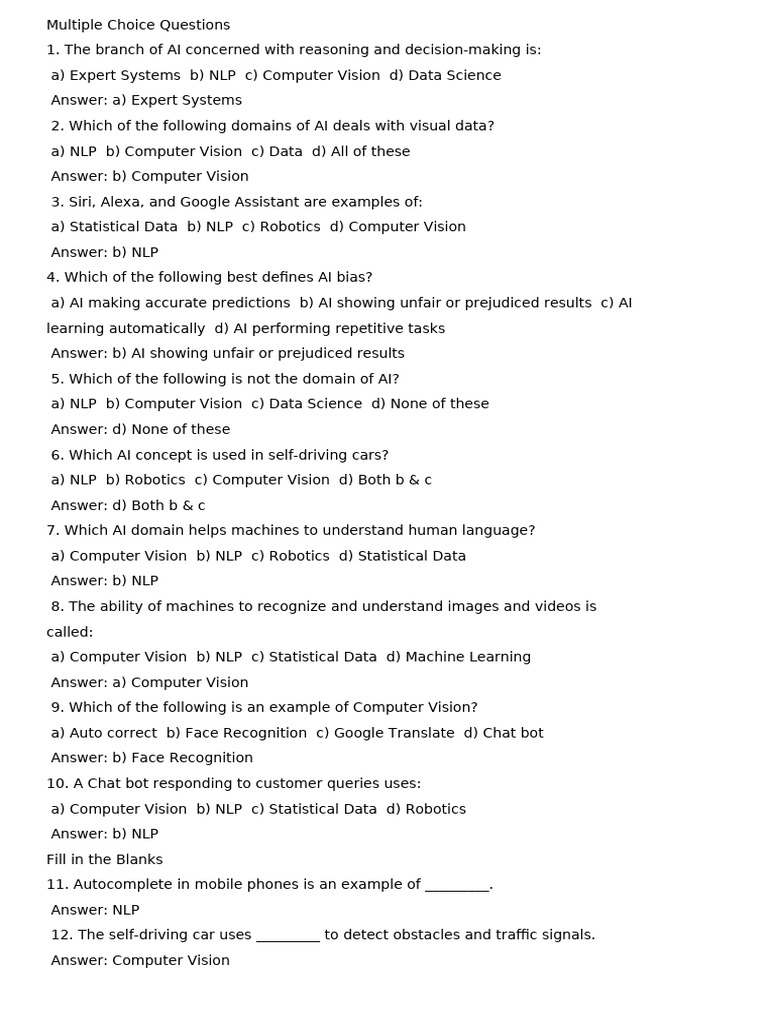 AI Multiple Choice Questions Overview | PDF | Artificial Intelligence ...