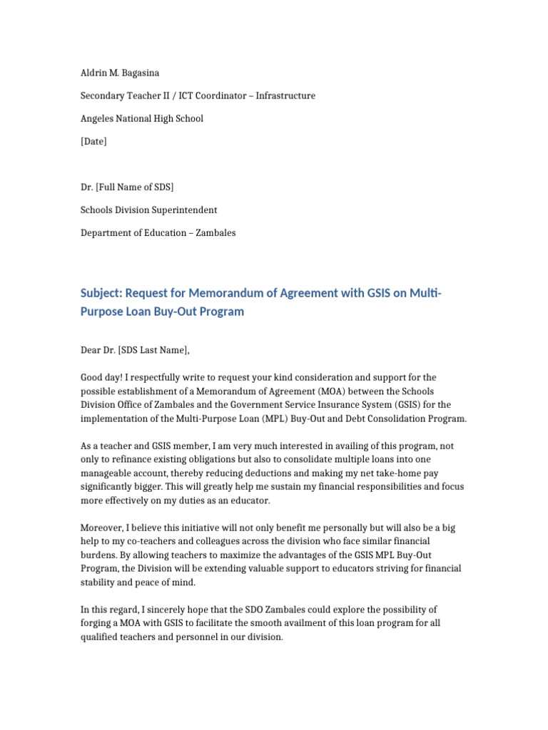 GSIS MPL Buyout Request Letter | PDF