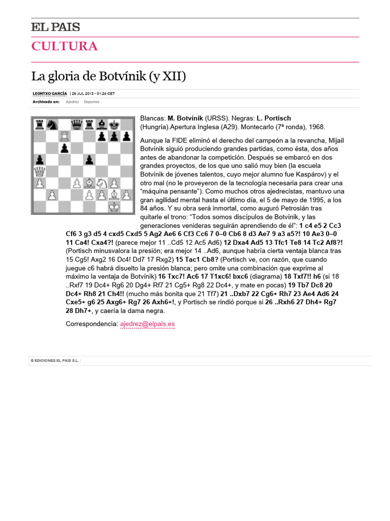 La Gloria de Botvínik (y XII) _ Cultura _ EL PAÍS | PDF | Juegos de ...