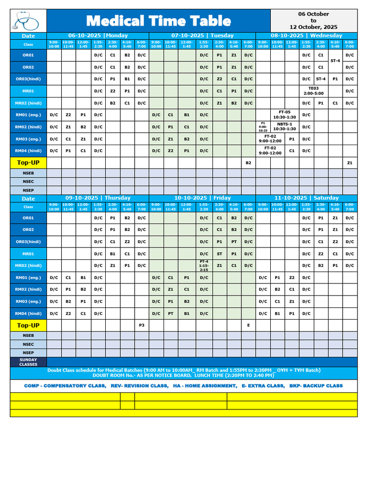 Medical Time Table 06 Oct To 12 Oct | PDF