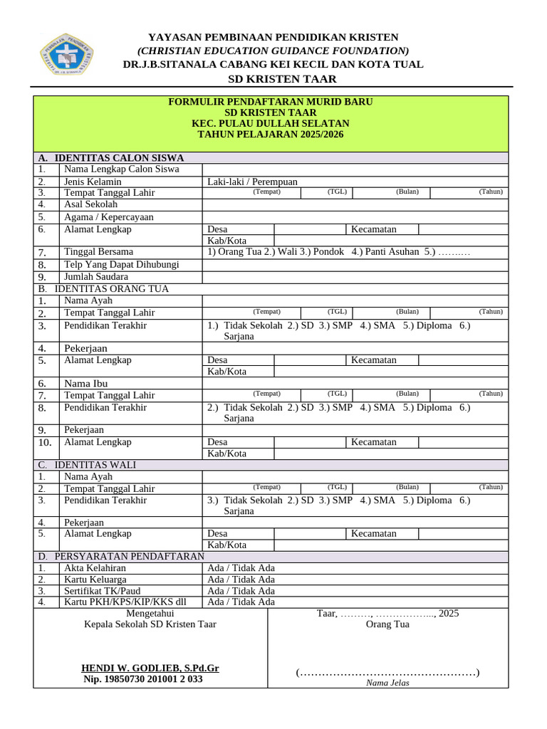 Formulir Pendaftaran Murid Baru SD Kristen Taar | PDF
